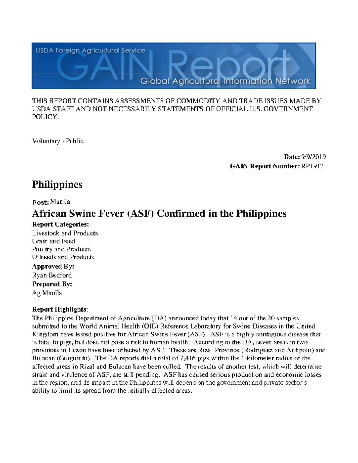 African Swine Fever (ASF) Confirmed in the Philippines Manila ...