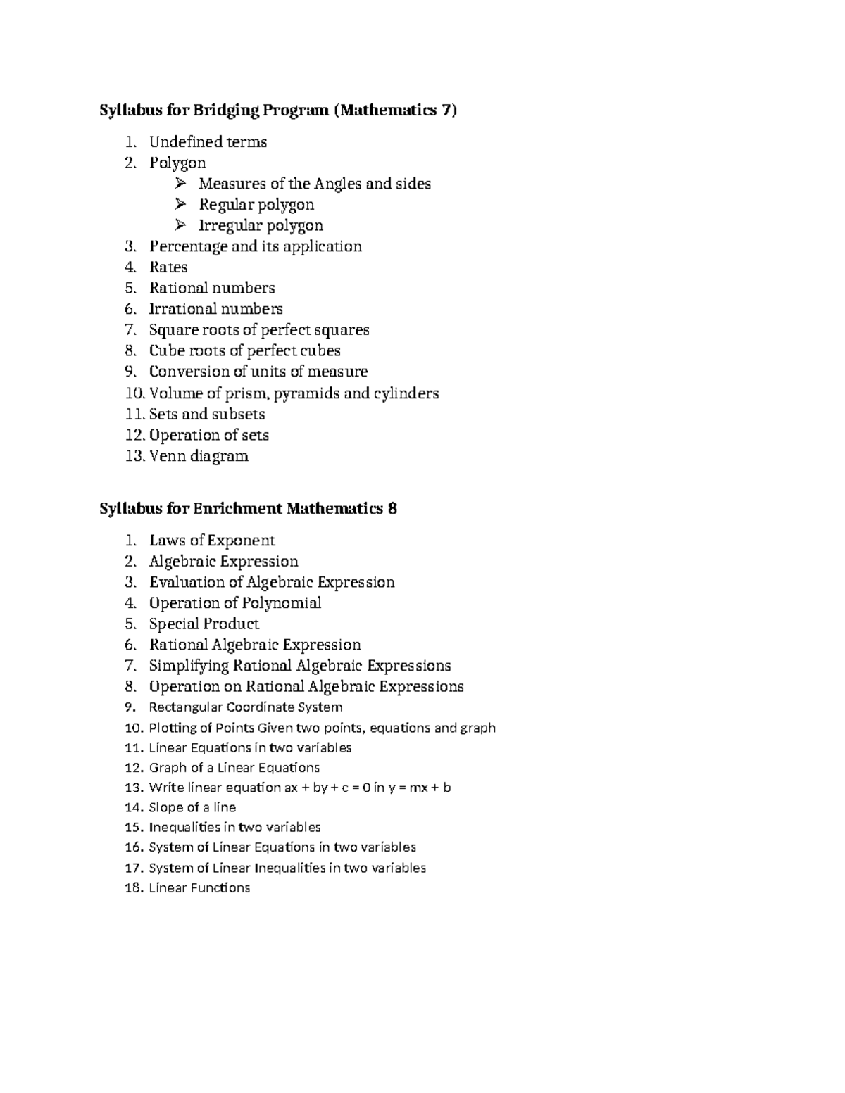 Syllabus for Incoming Mathematics 8 - Syllabus for Bridging Program ...