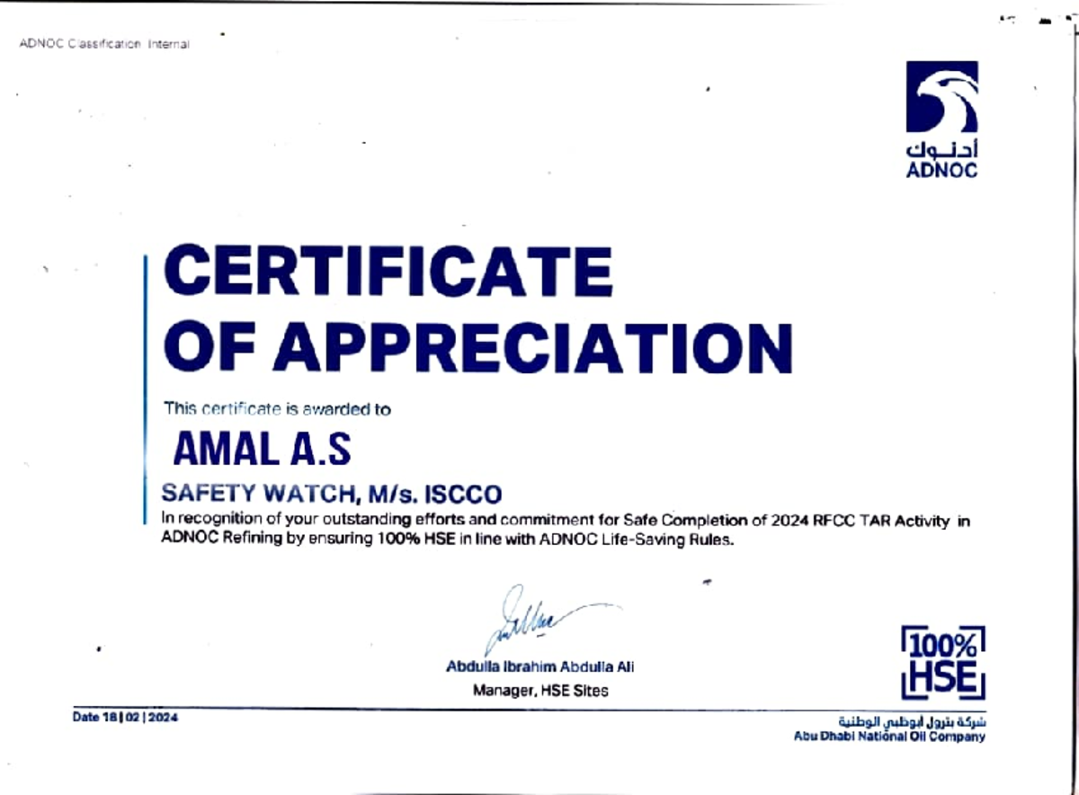 AMAL AS CERT - Btech - ADNOC Classfication Internal CERTIFICATE OF ...