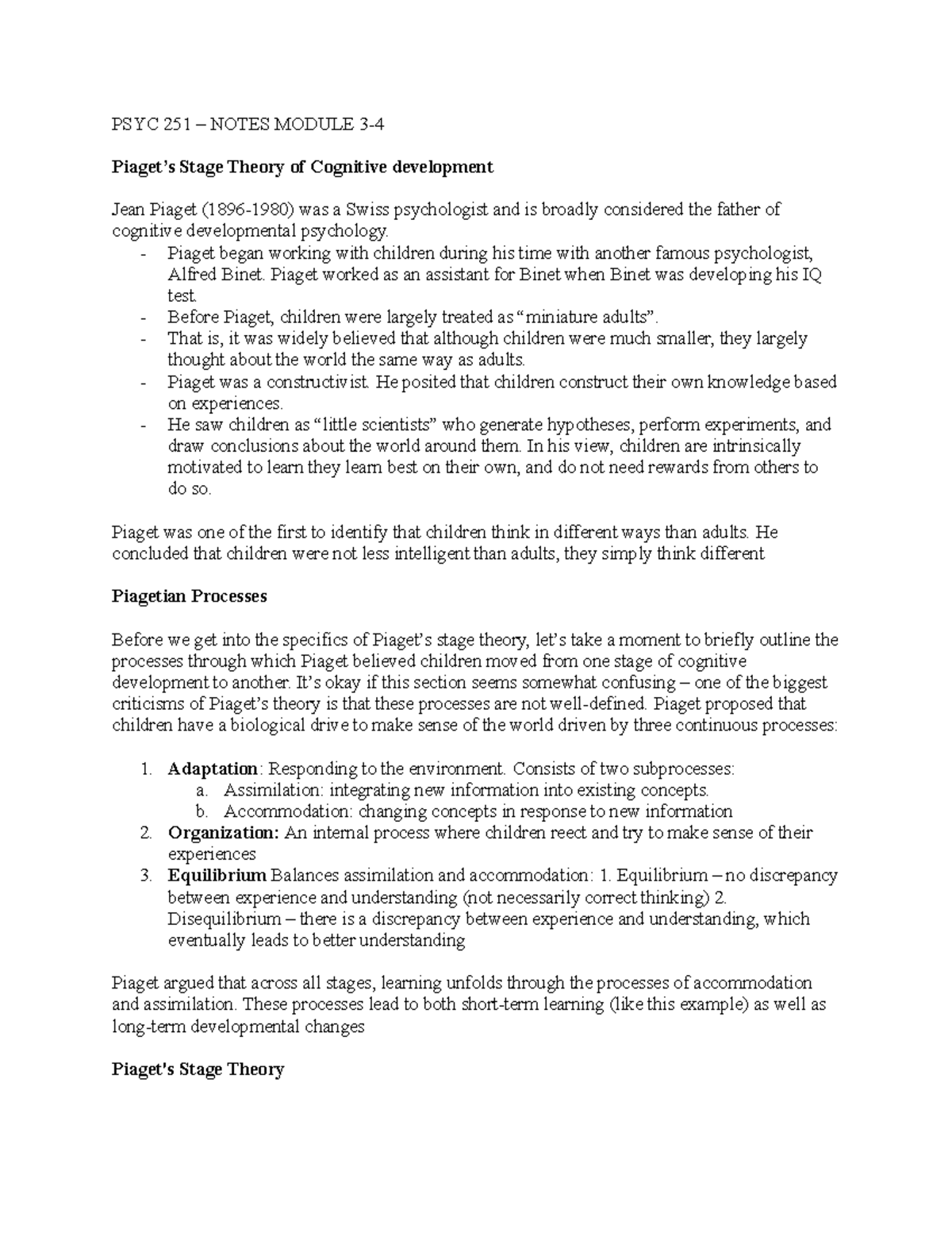 PSYC 251 notes - PSYC 251 – NOTES MODULE 3- Piaget’s Stage Theory of ...