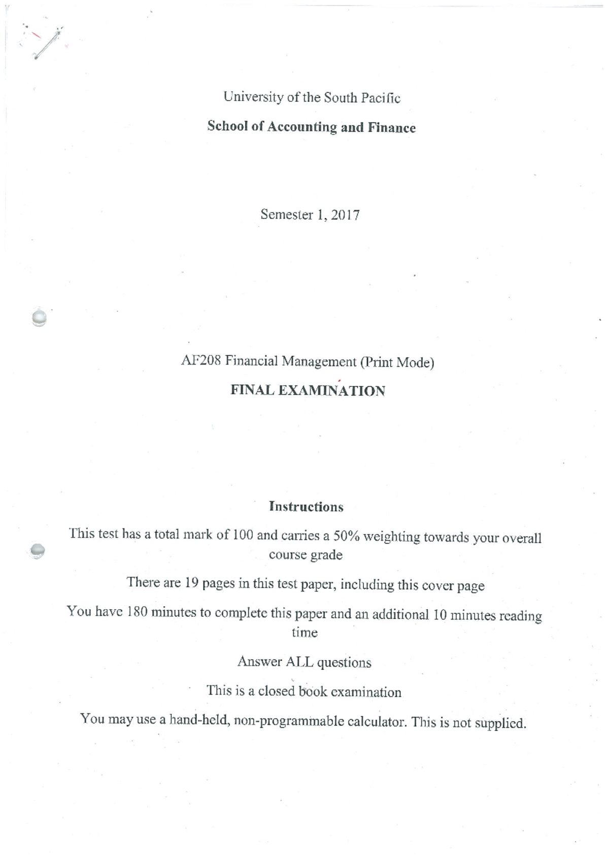 Final Exam 2017 Semester 1 - Question - Financial management - Studocu