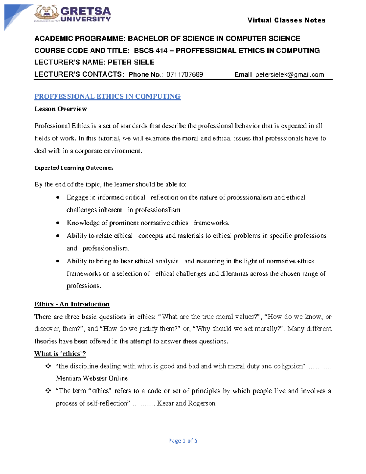 Bscs 414 - Lecture Notes 1 - Virtual Classes Notes ACADEMIC PROGRAMME ...