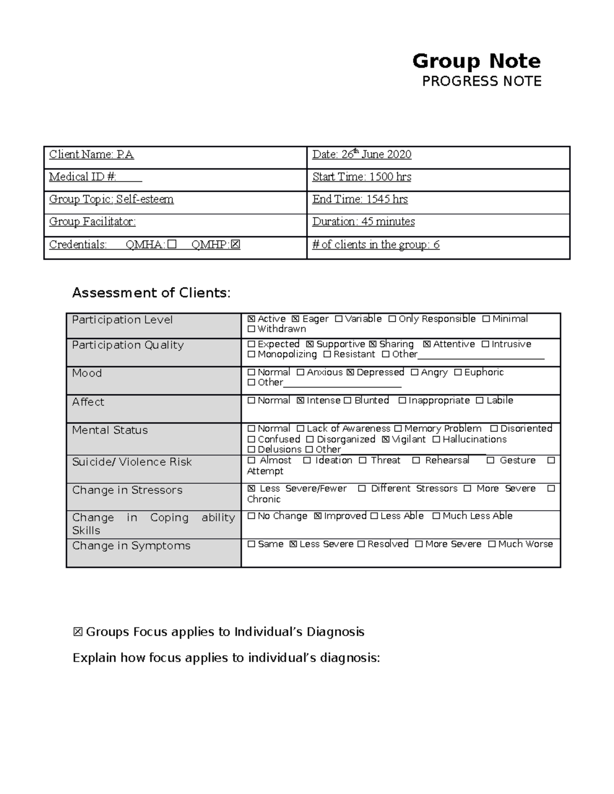 Sexual Assault Group Note 13 - Group Note PROGRESS NOTE Client Name: P ...