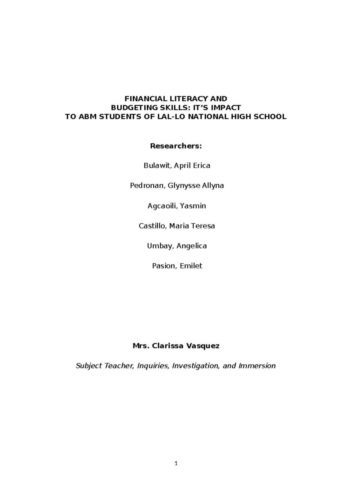 Research ABM 12 - example - FINANCIAL LITERACY AND BUDGETING SKILLS: IT ...