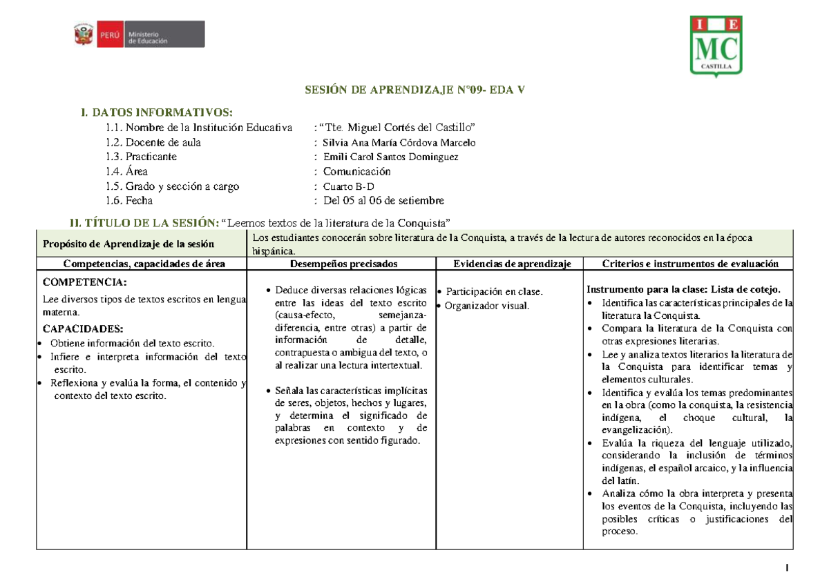 Sesion DE Aprendizaje N° 09- Leemos Textos DE LA Literatura DE LA Conquista - SESIÓN DE ...