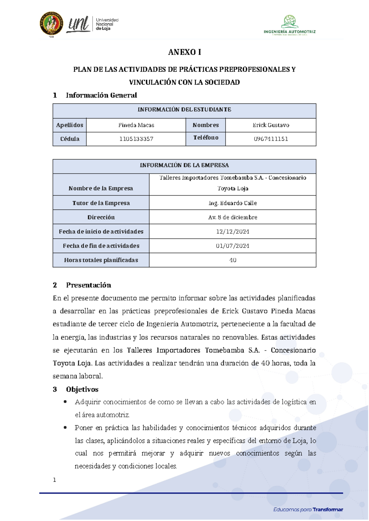Anexo 1 - kakkaa - ANEXO I PLAN DE LAS ACTIVIDADES DE PRÁCTICAS ...