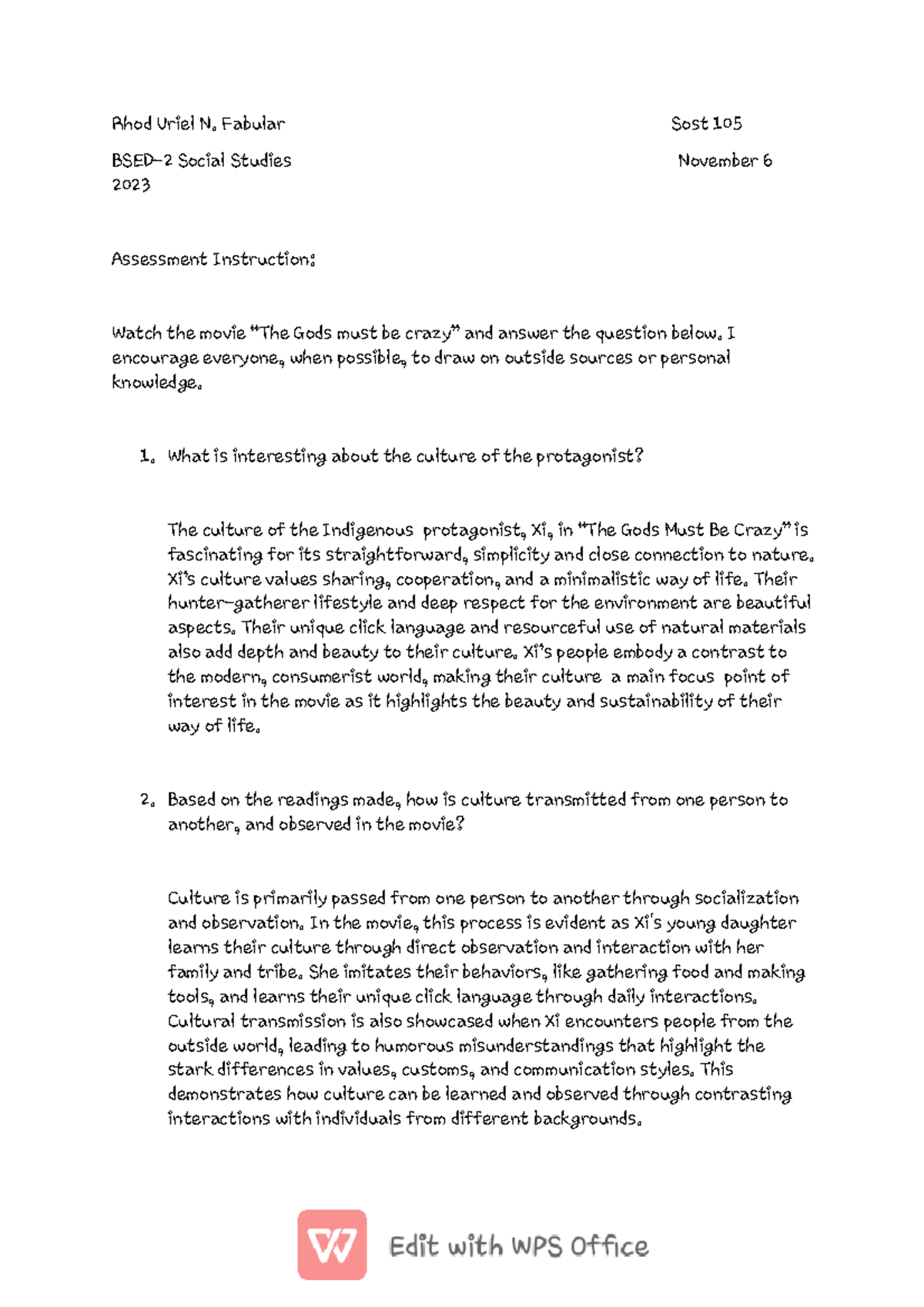Activity 3.1Fabular The Gods Must Be Crazy 1 - Rhod Uriel N. Fabular ...