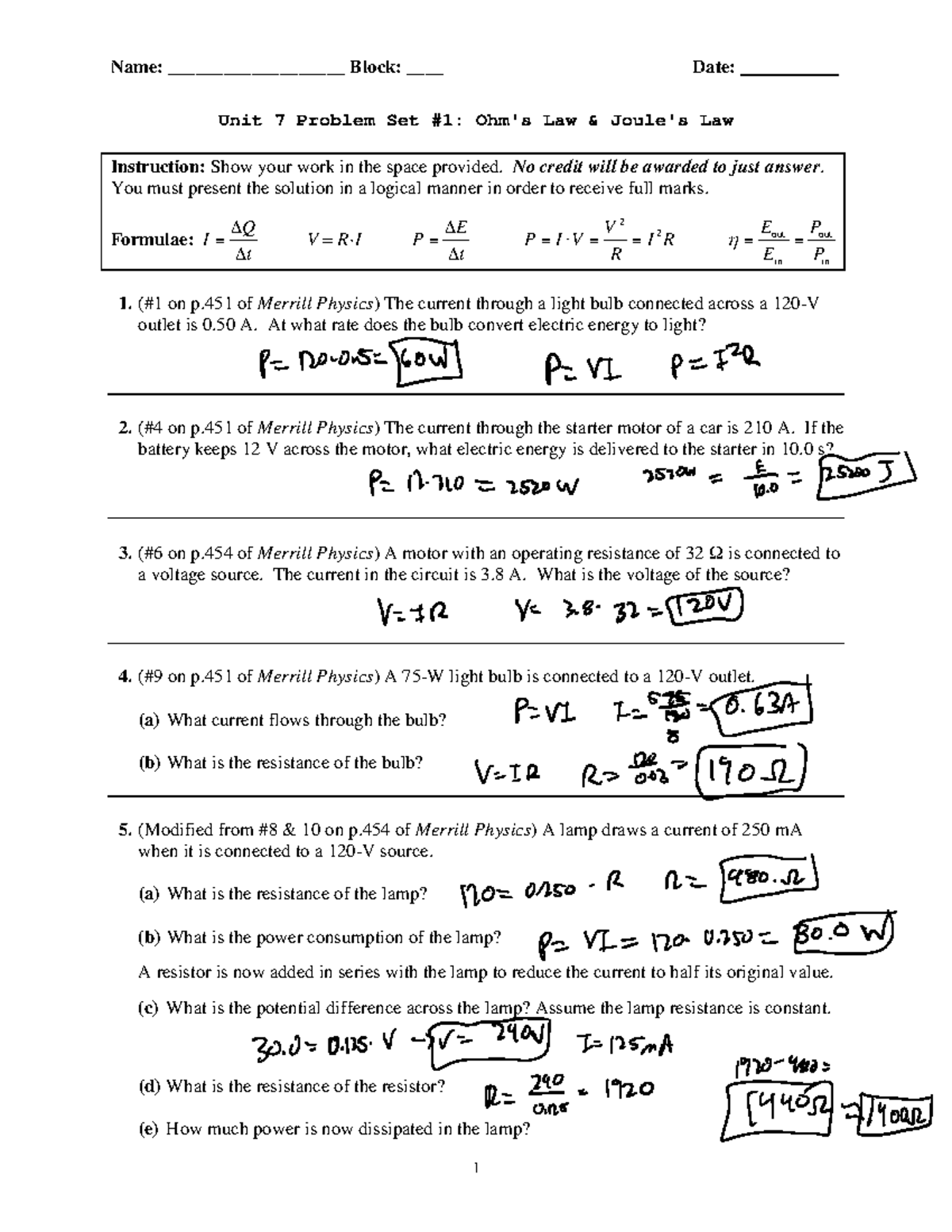 Worksheet Ohms Law Joules Law - Name: ___________________ Block ...