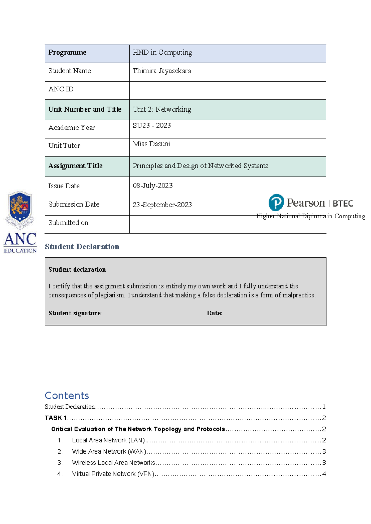 Networking Assignment Thimira - Programme HND in Computing Student Name ...