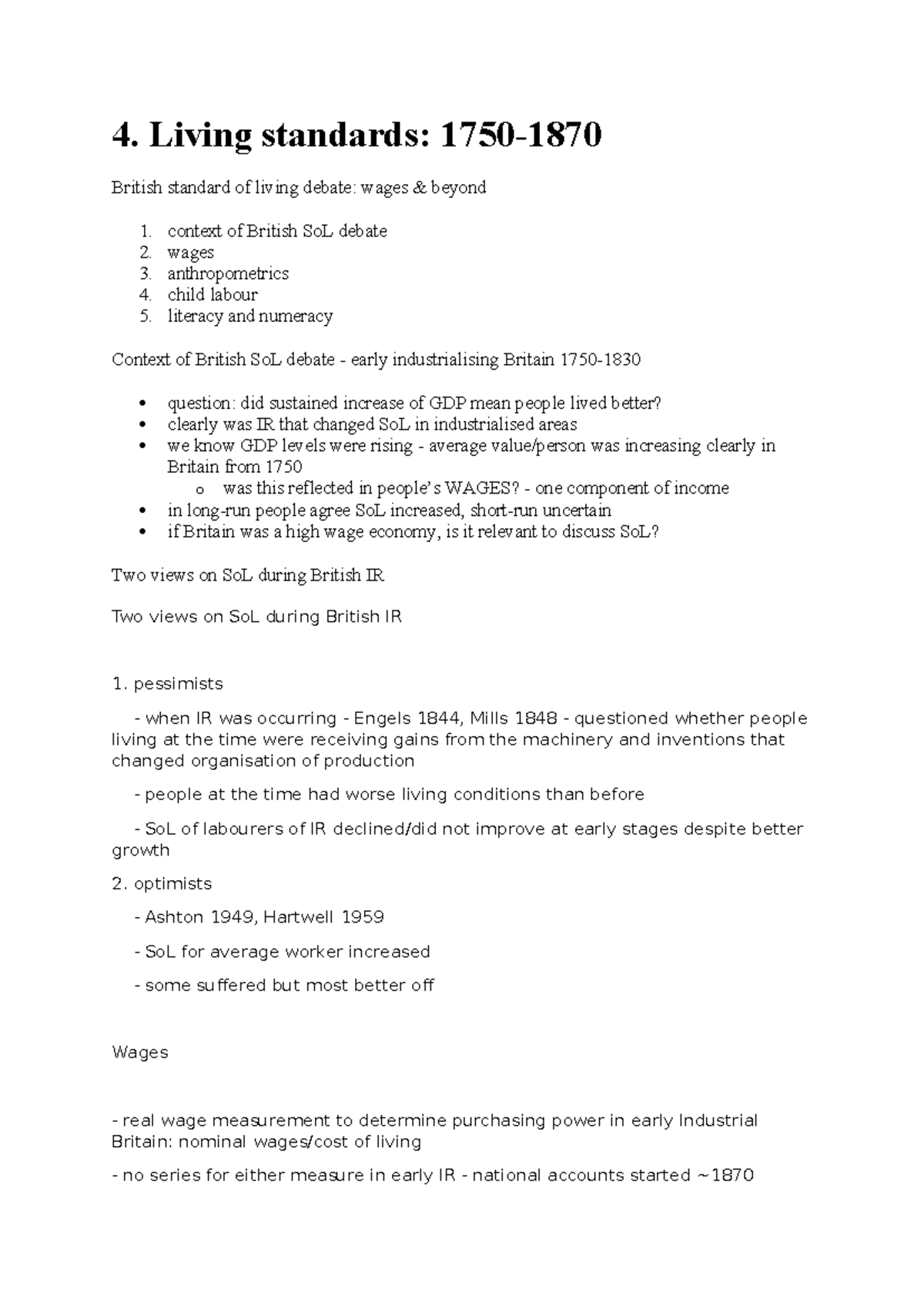 British standard of living debate - 4. Living standards: 1750- British ...