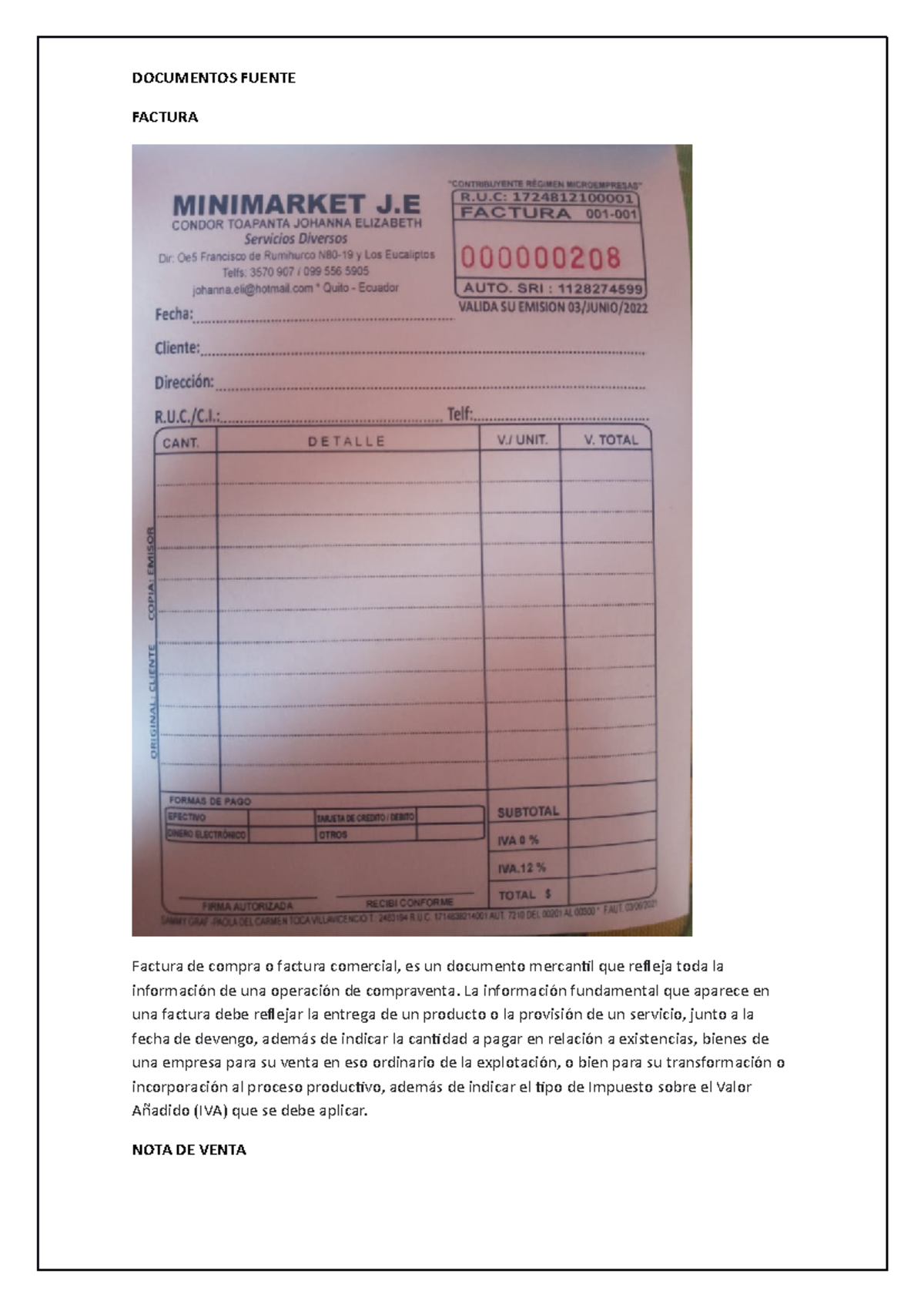 Documentos Fuente - Tarea - DOCUMENTOS FUENTE FACTURA Factura de compra ...