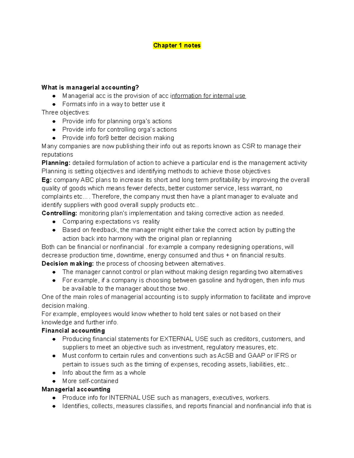 acc notes detailed - Chapter 1 notes What is managerial accounting ...