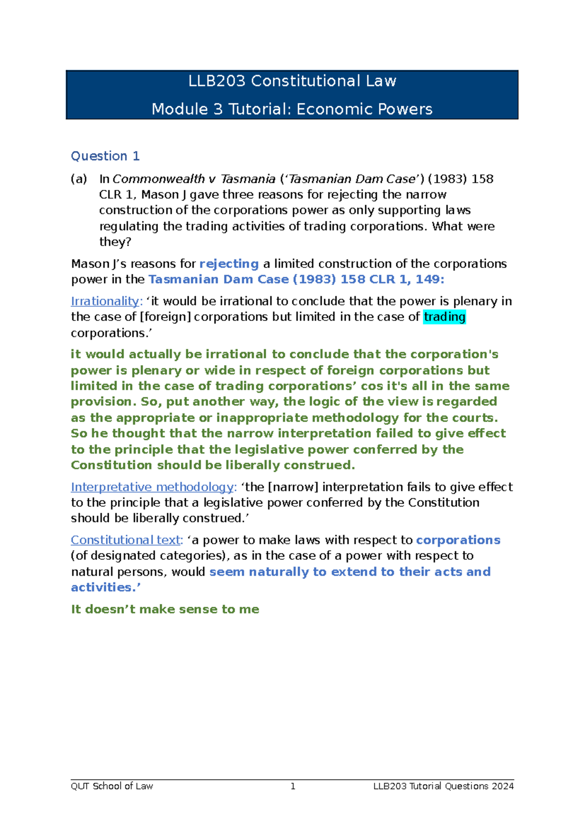 Module 3 Tutorial Questions - Economic Powers - LLB203 Constitutional ...
