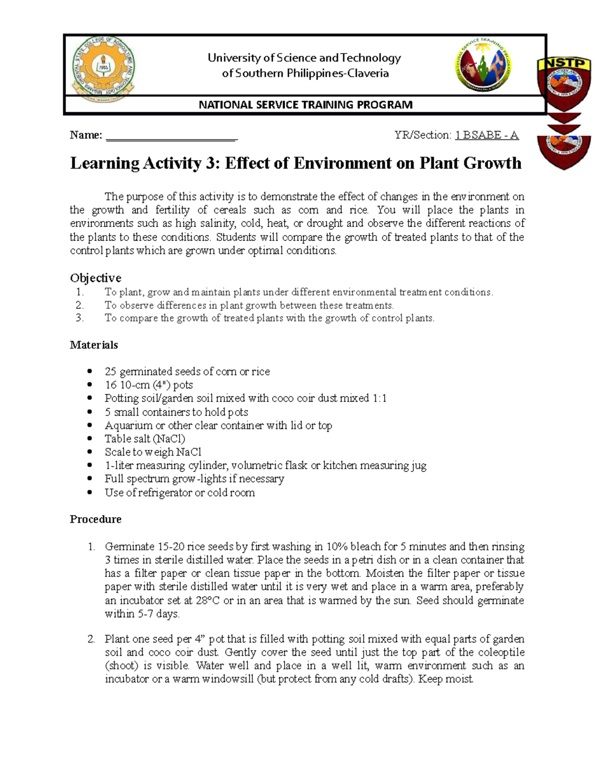 Effect of Environment on Plant Growth - You will place the plants in ...
