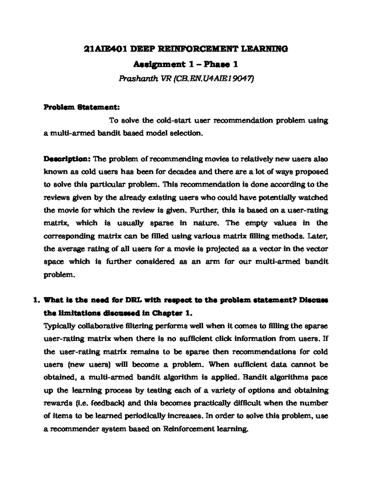 Prashanth VR CB - sowmya - 21AIE401 DEEP REINFORCEMENT LEARNING Assignment 1 – Phase 1 Prashanth ...