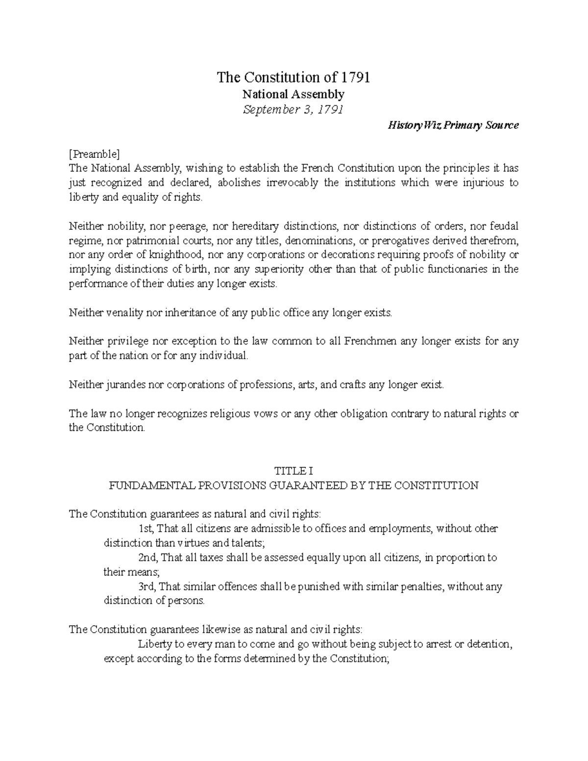 French Constitution of 1791 - The Constitution of 1791 National ...