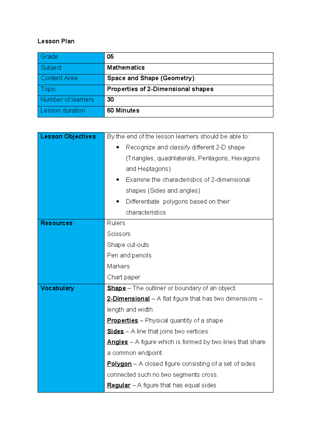 Grade 5 Mathematics Lesson plan - Lesson Plan Grade 05 Subject ...