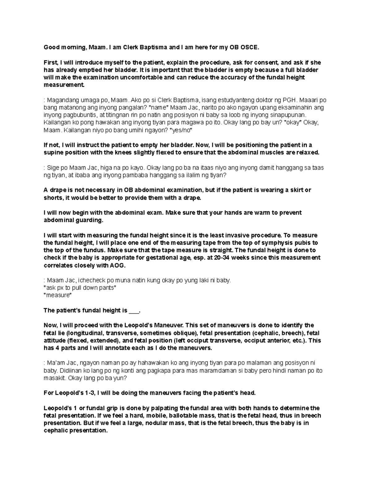 OB PE script - Good morning, Maam. I am Clerk Baptisma and I am here ...