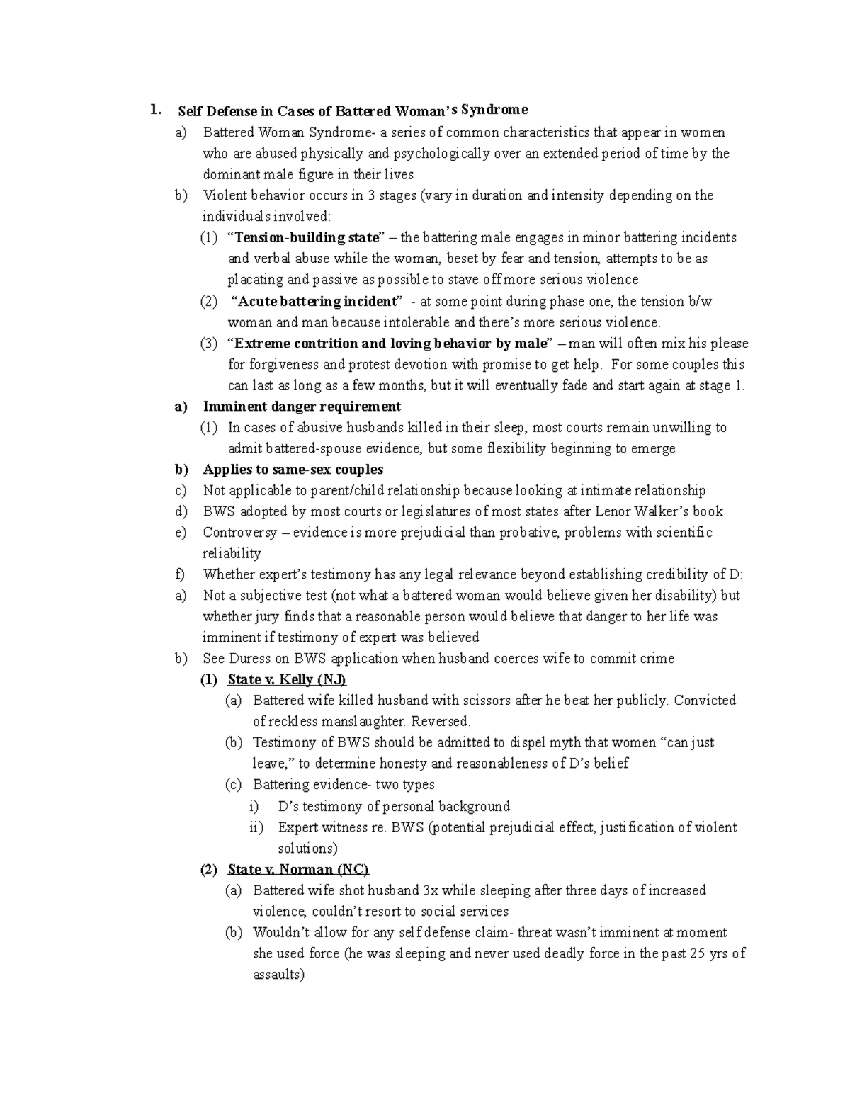 Criminal Law Outline 3 - Self Defense in Cases of Battered Woman’s ...