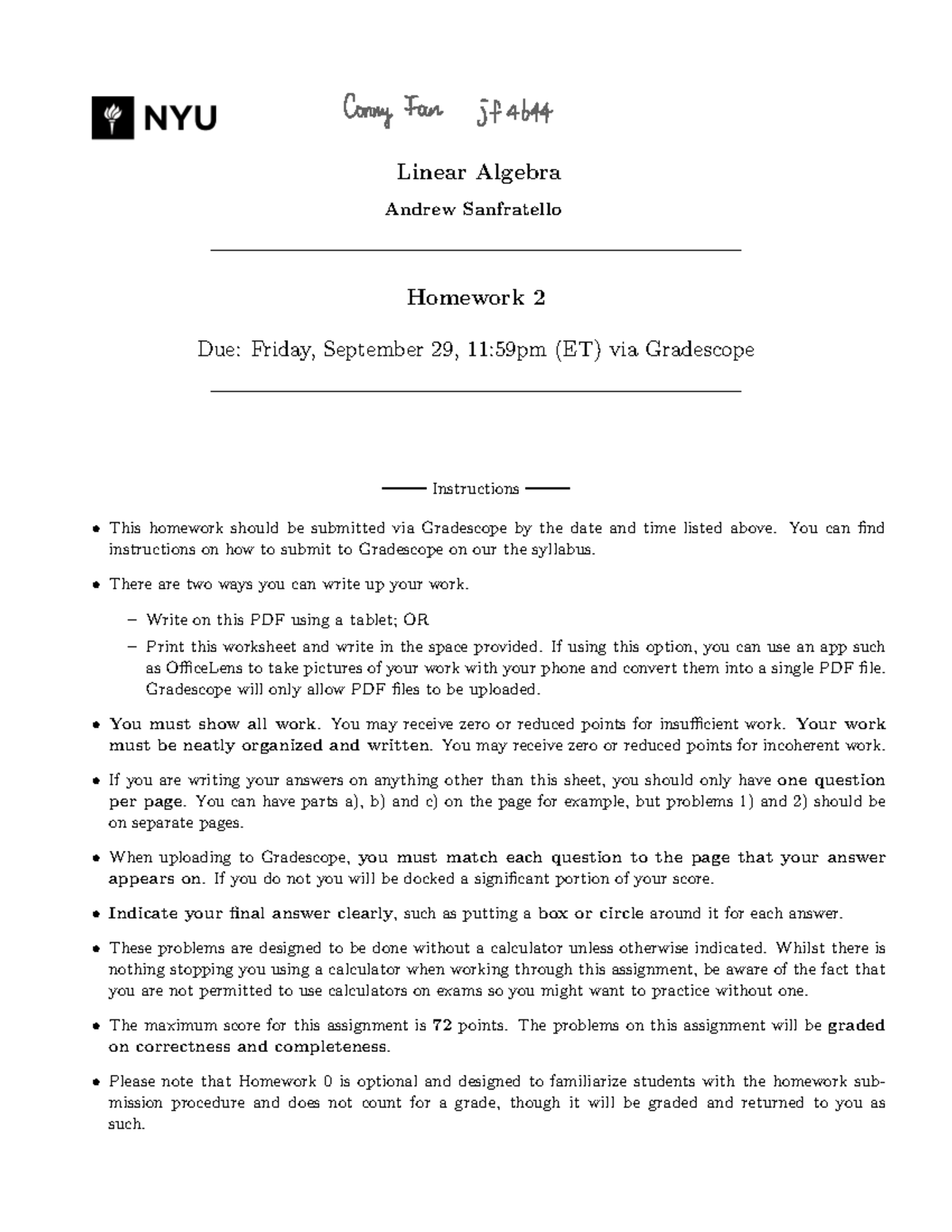Linear Algebra Master 7 - Linear Algebra Andrew Sanfratello Homework 2 ...