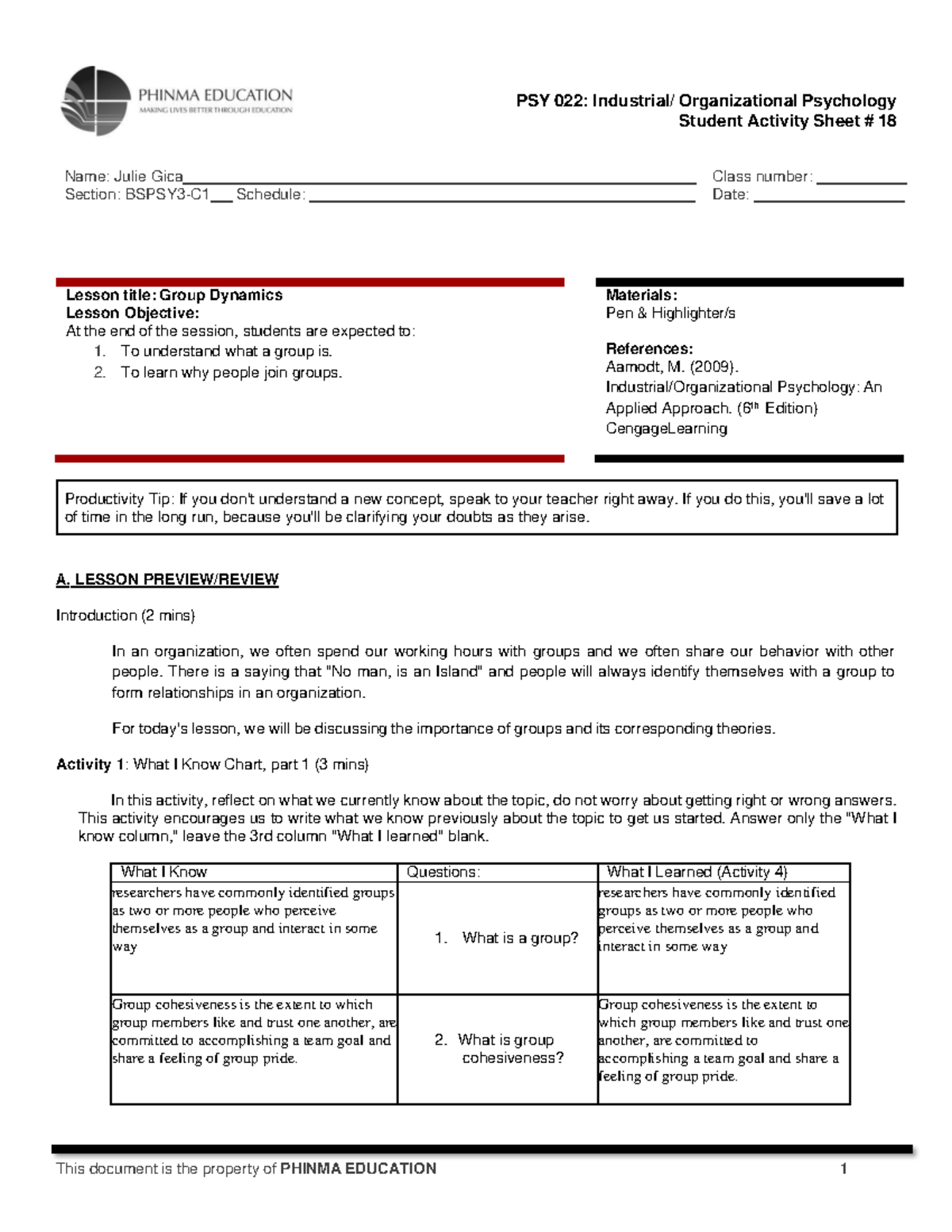 SAS 18 - Sas - Student Activity Sheet # 18 Productivity Tip: If you don ...