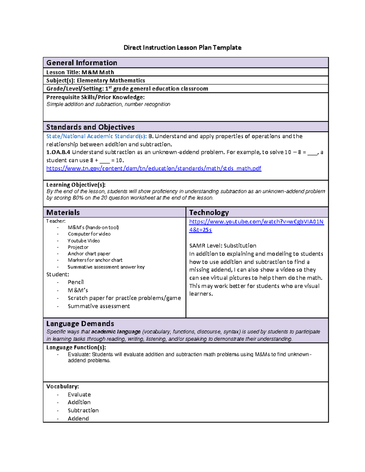 Math lesson plan - Direct Instruction Lesson Plan Template General ...