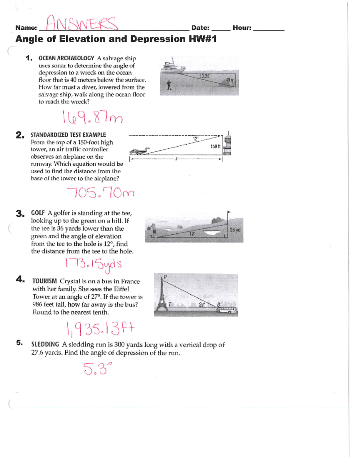 Angle of elevation and depression 1 and 2 answers - Studocu