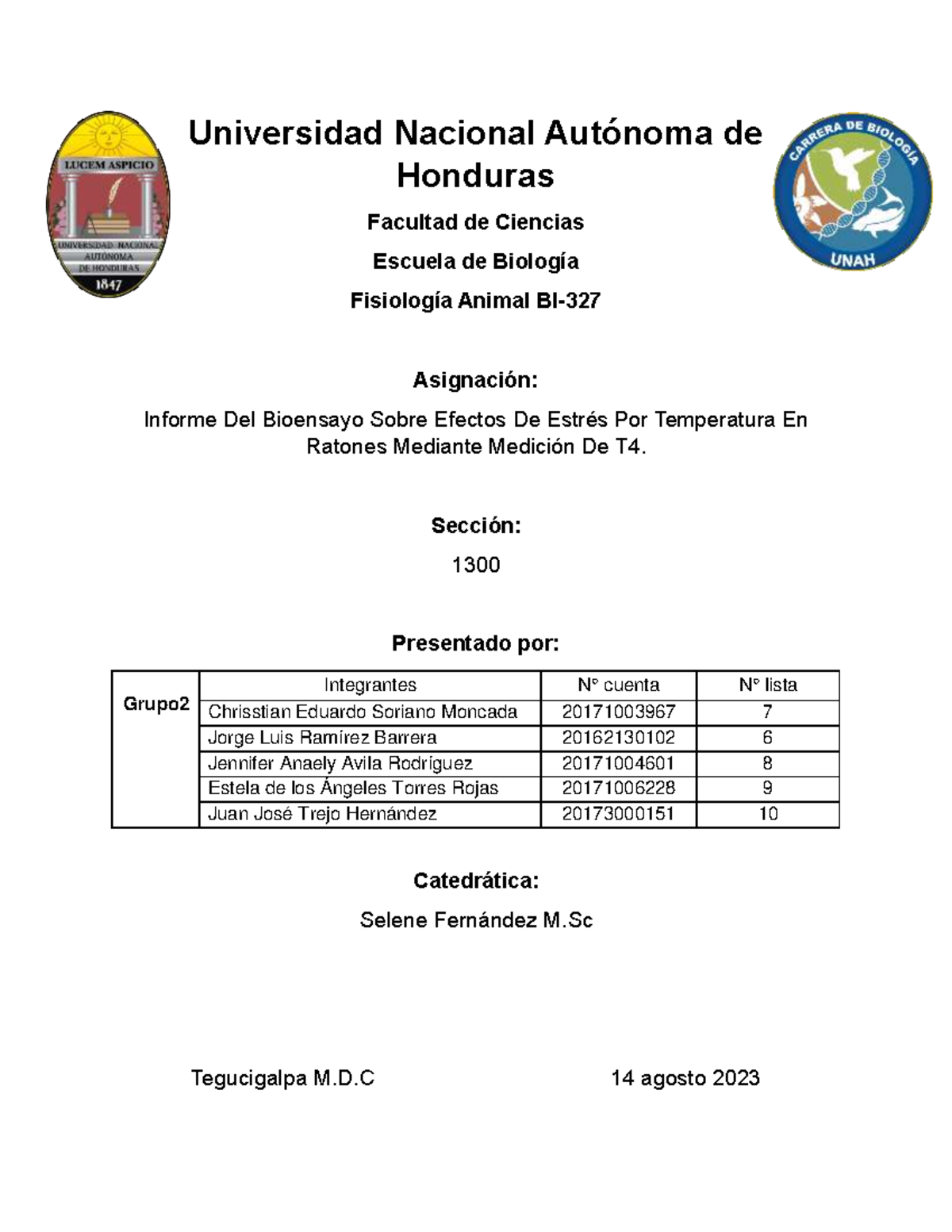 Informe de bioensayo T4 - Universidad Nacional Autónoma de Honduras ...