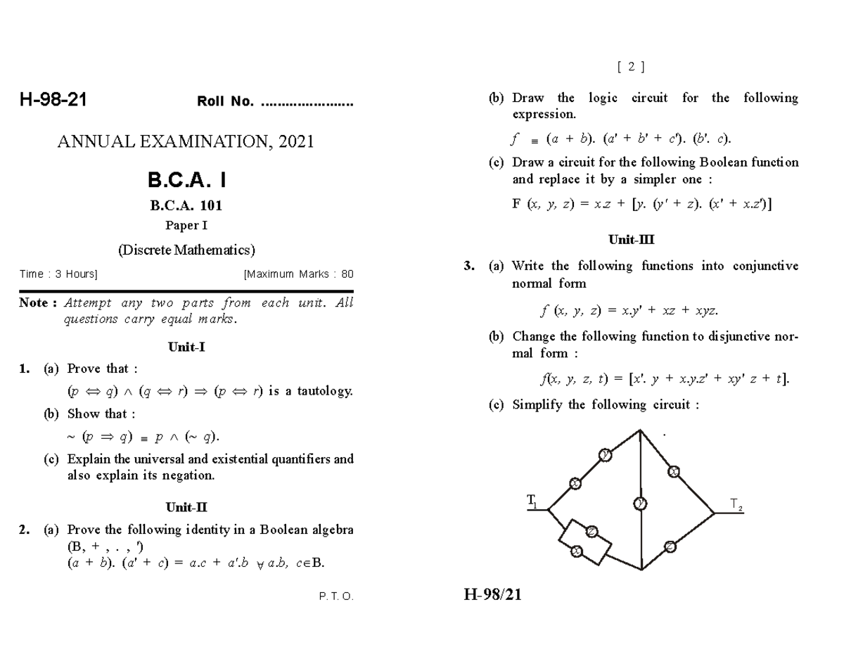 H-98 BCA I - BCA - H-98-21 Roll No. ....................... ANNUAL ...