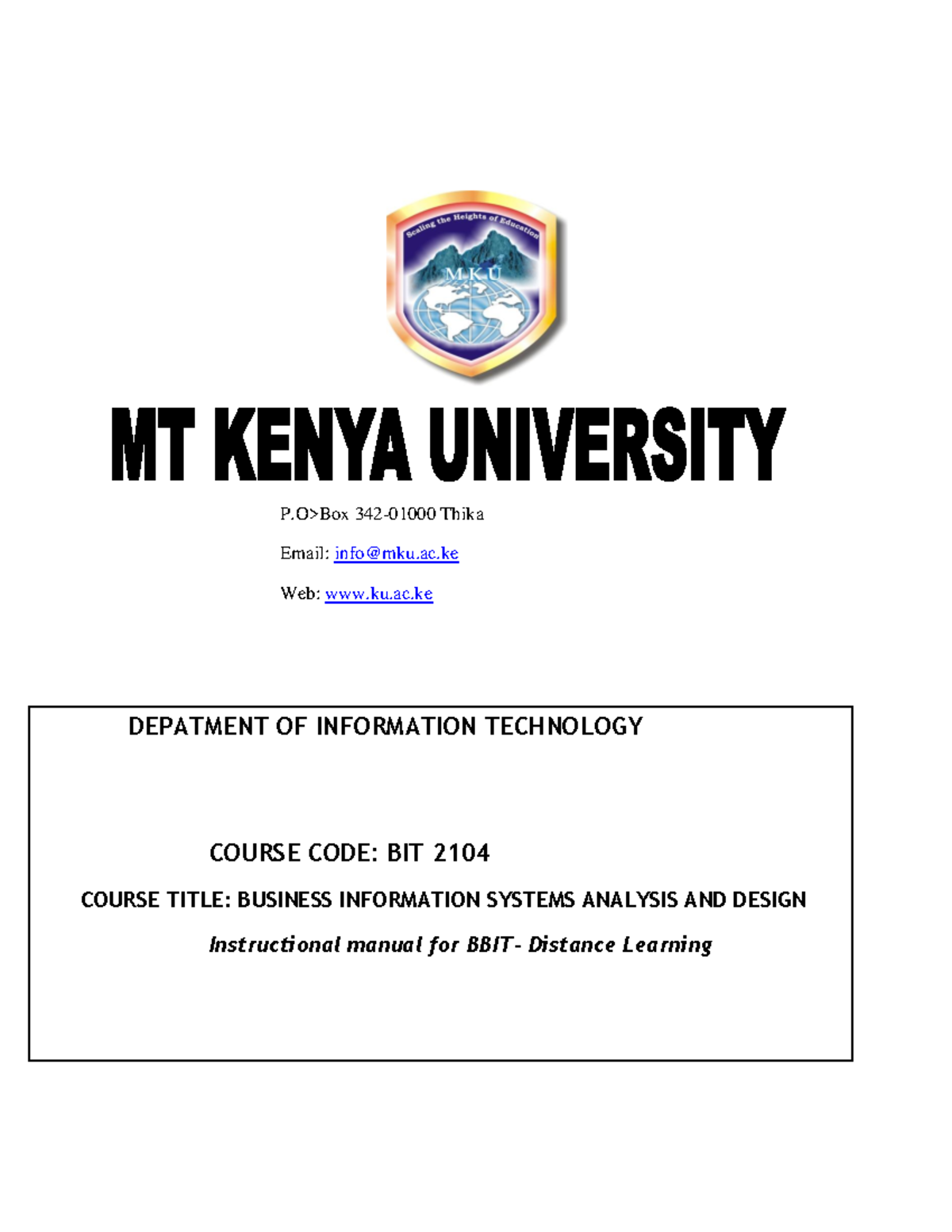 BIT 2104 Business INFO Systems Analysis AND Design Module - P>Box 342 ...