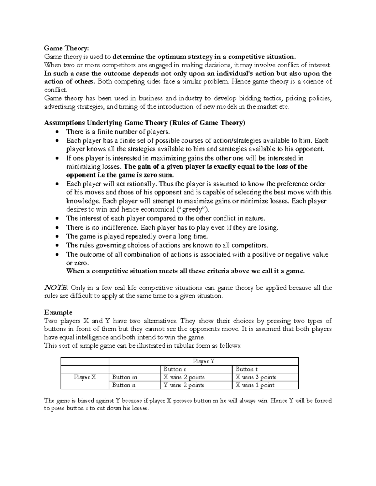 Chapter 5 - Game Theory - Game Theory: Game theory is used to determine ...