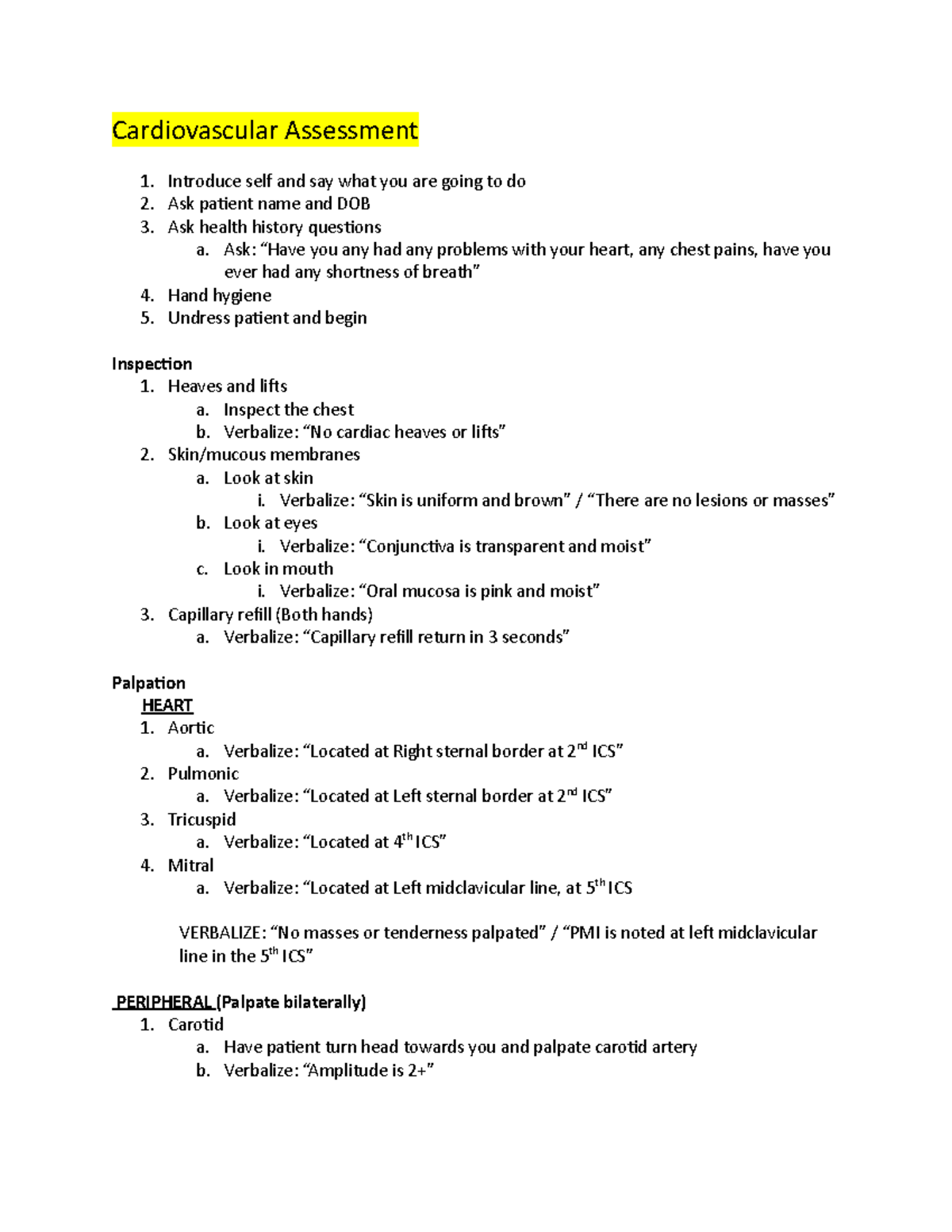 Health Assessments Check Off Steps - Cardiovascular Assessment ...