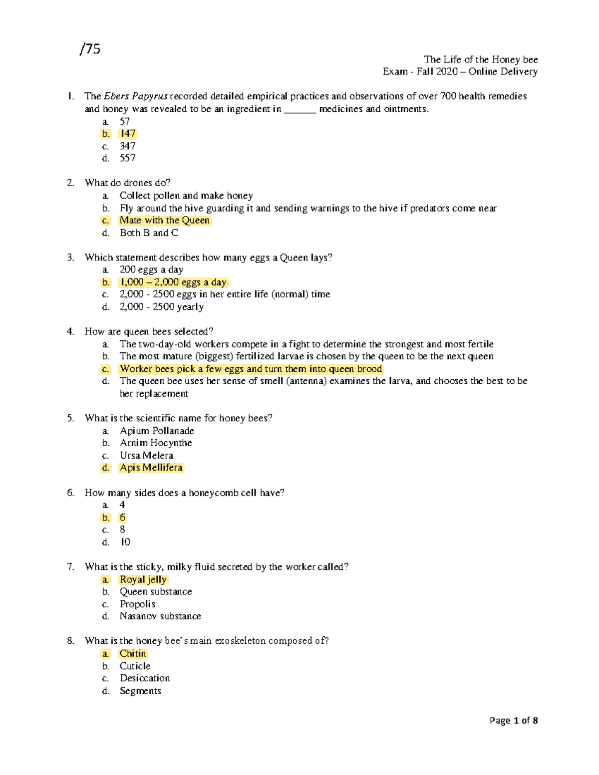Fall 2020 - Life Of The Honey bee Exam Answered - The Life of the Honey ...