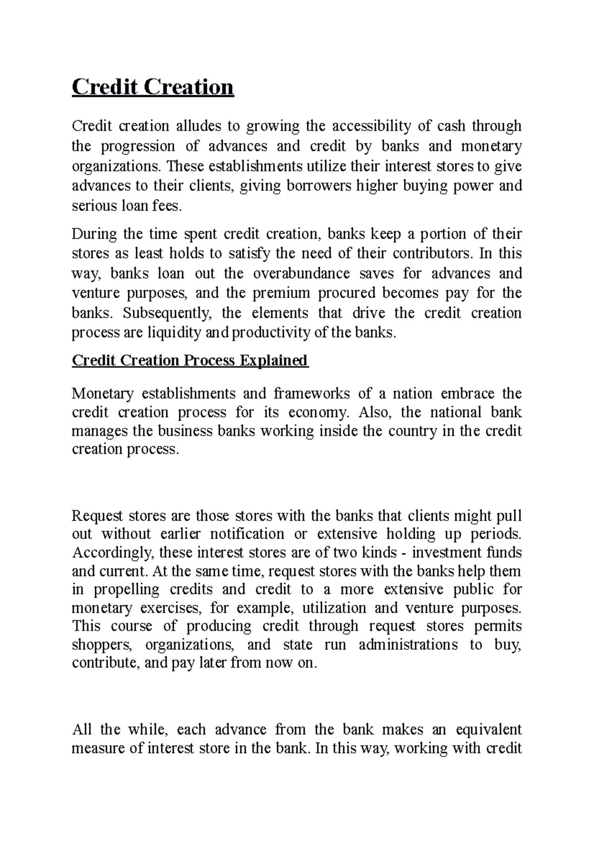 Credit Creation - Credit Creation Credit creation alludes to growing ...