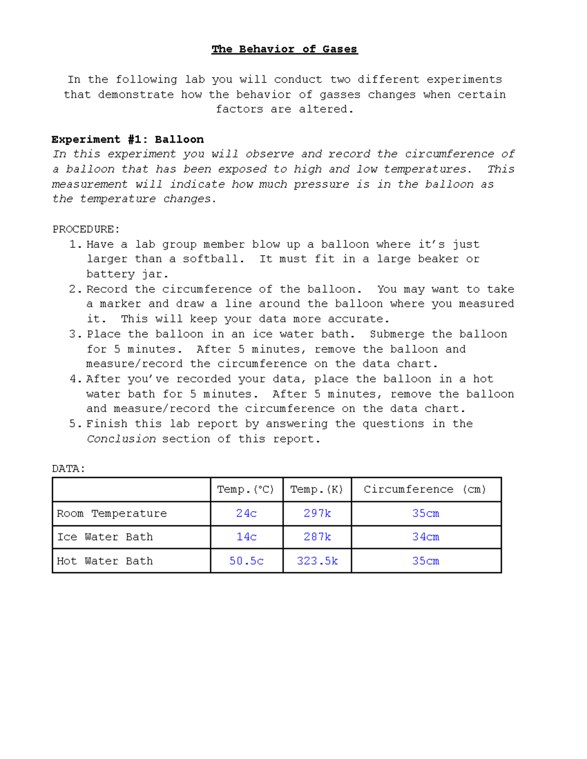 The Behavior of Gases Balloon Activity - The Behavior of Gases In the ...