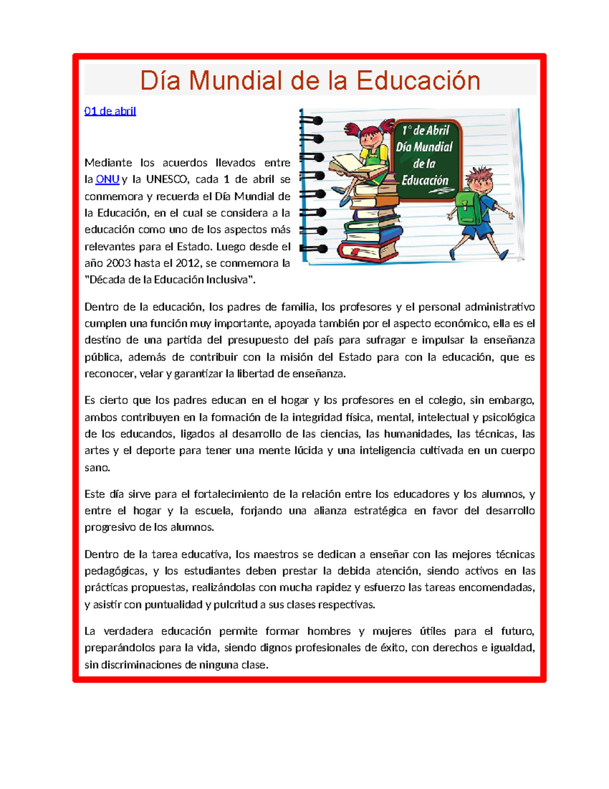 351422903 Fechas Civica Del Mes de Abril - Día Mundial de la Educación ...