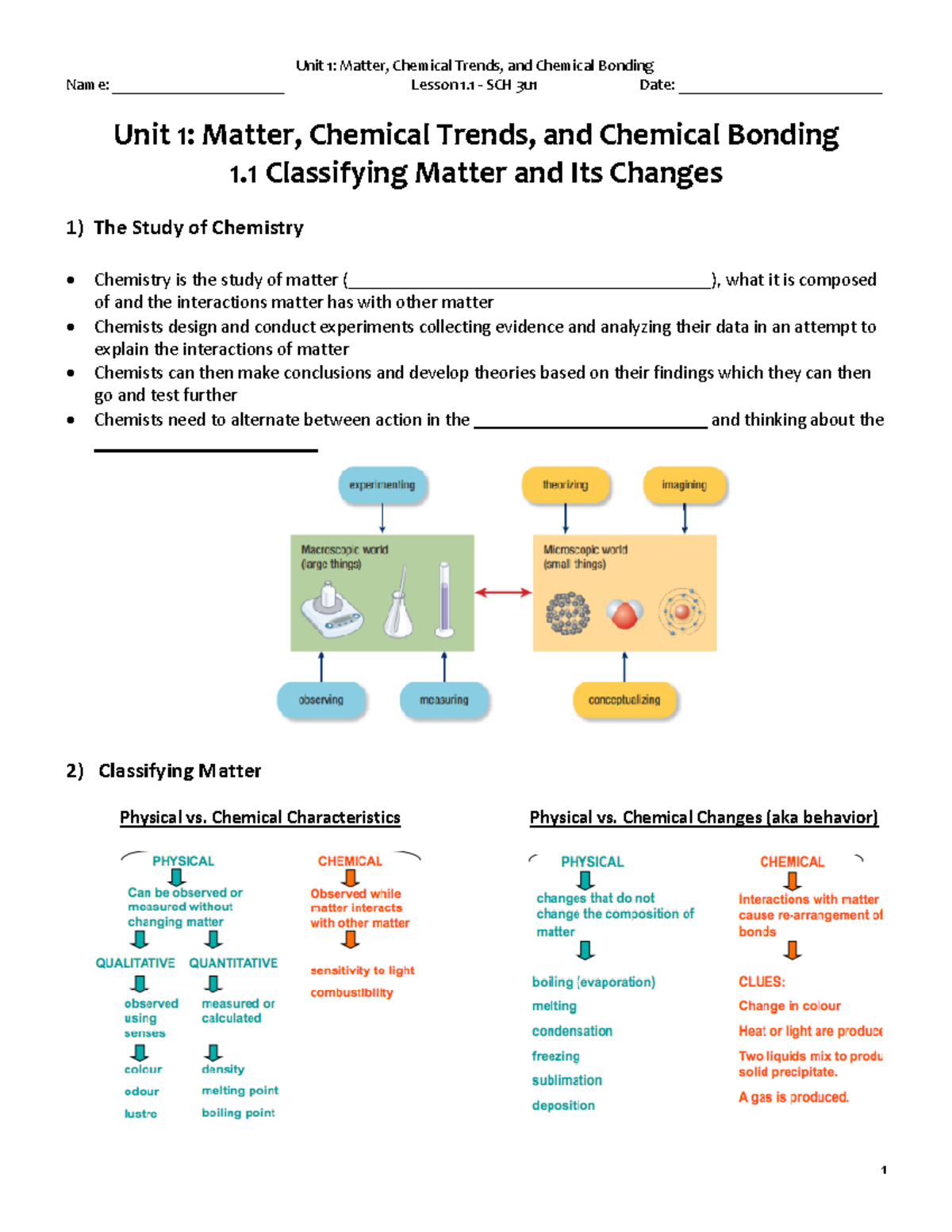 1.1 - Observing & Classifying Matter Student - ####### Unit 1: Matter, Chemical Trends, and ...