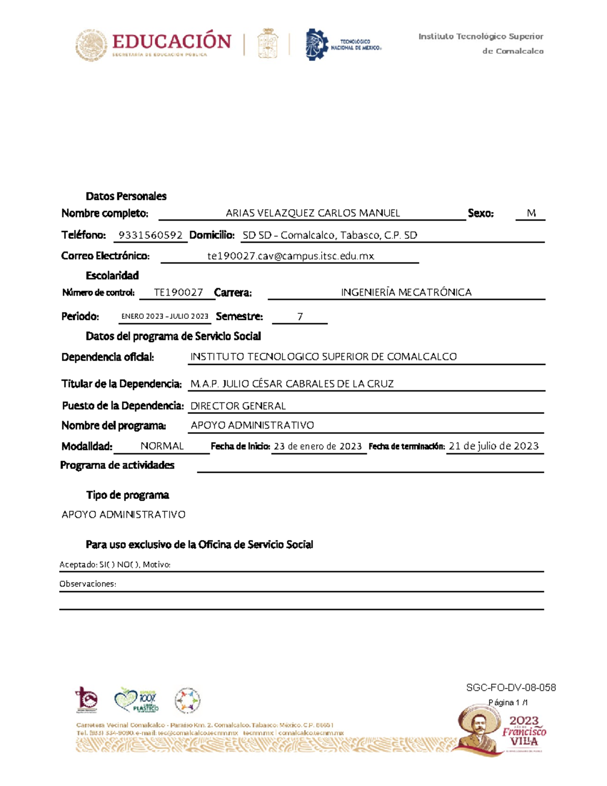 Solicitud TE190027 - materia de repaso - Datos Personales Nombre ...