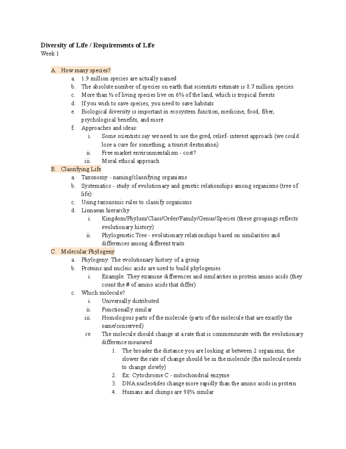 Week 1 - lecture 2 - This covers Diversity of Life / Requirements of ...