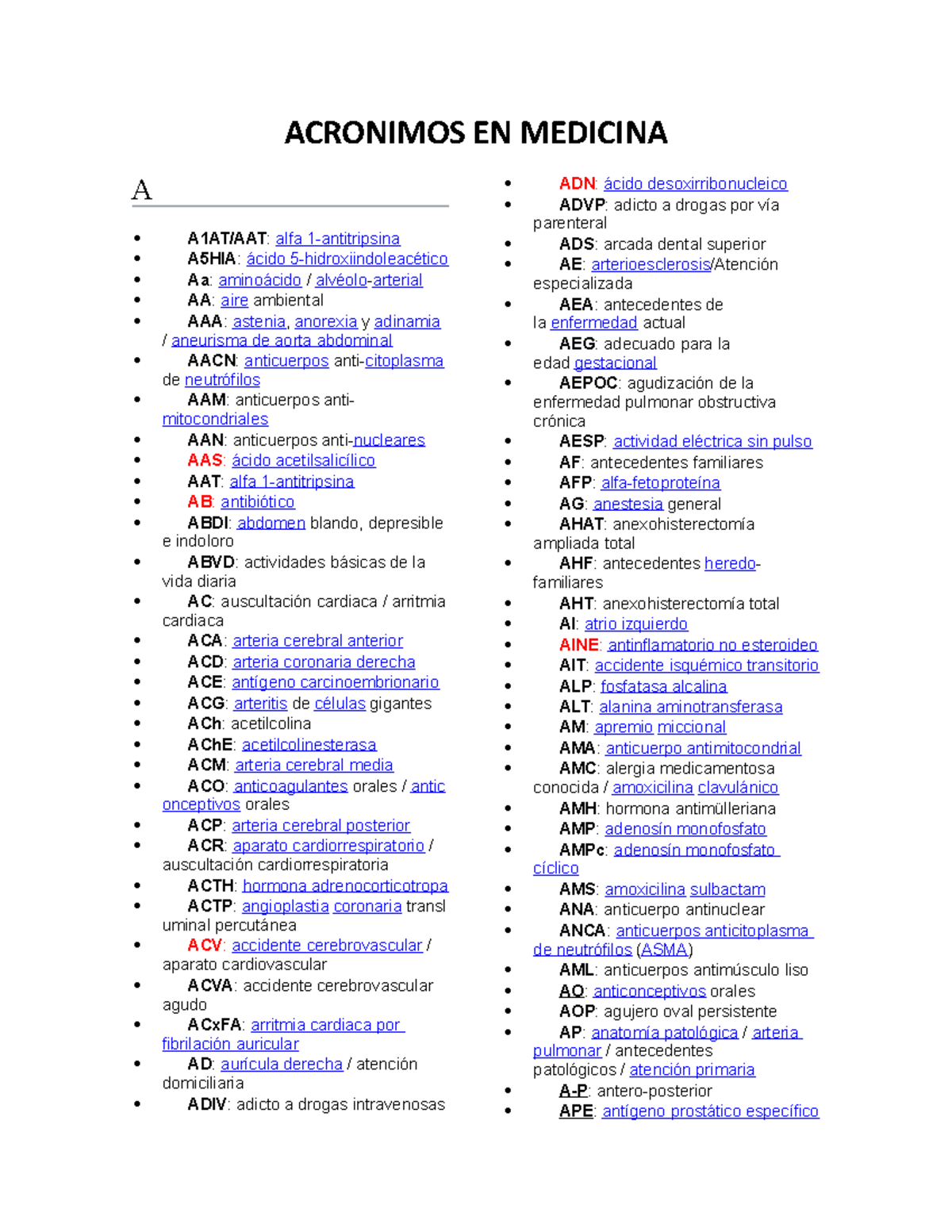 Acronimos EN Medicina - ETIMOLOGIAS - ACRONIMOS EN MEDICINA A A1AT/AAT ...