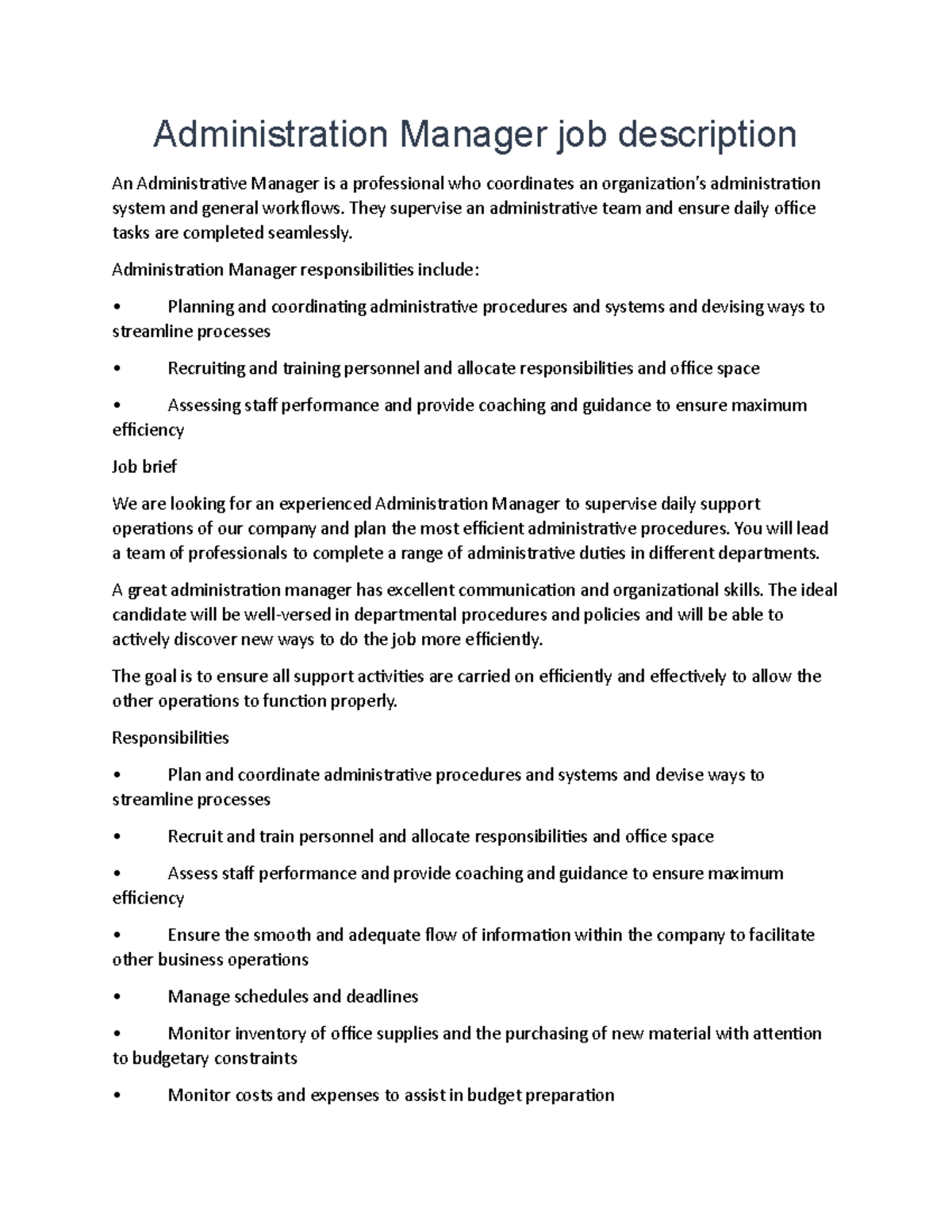 Administration Manager job - They supervise an administrative team and ...