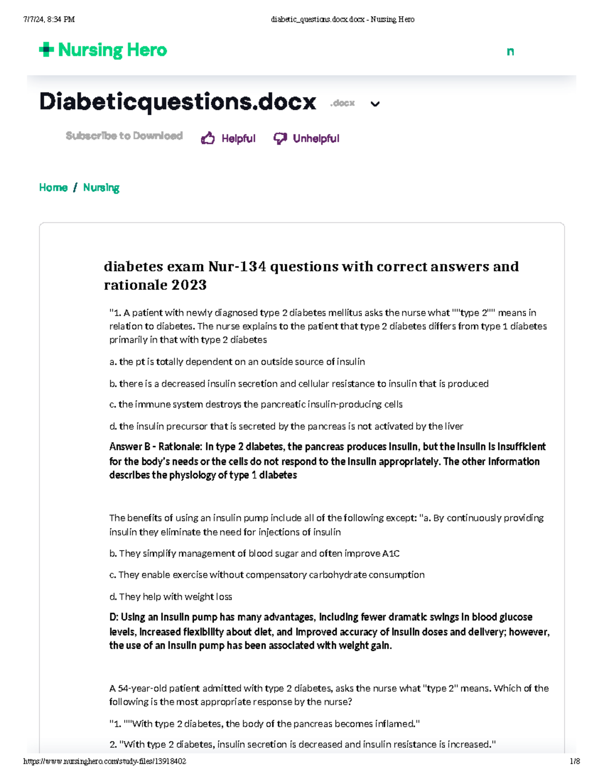 Diabetic questions.docx.docx - Nursing Hero - Diabeticquestions .docx ...