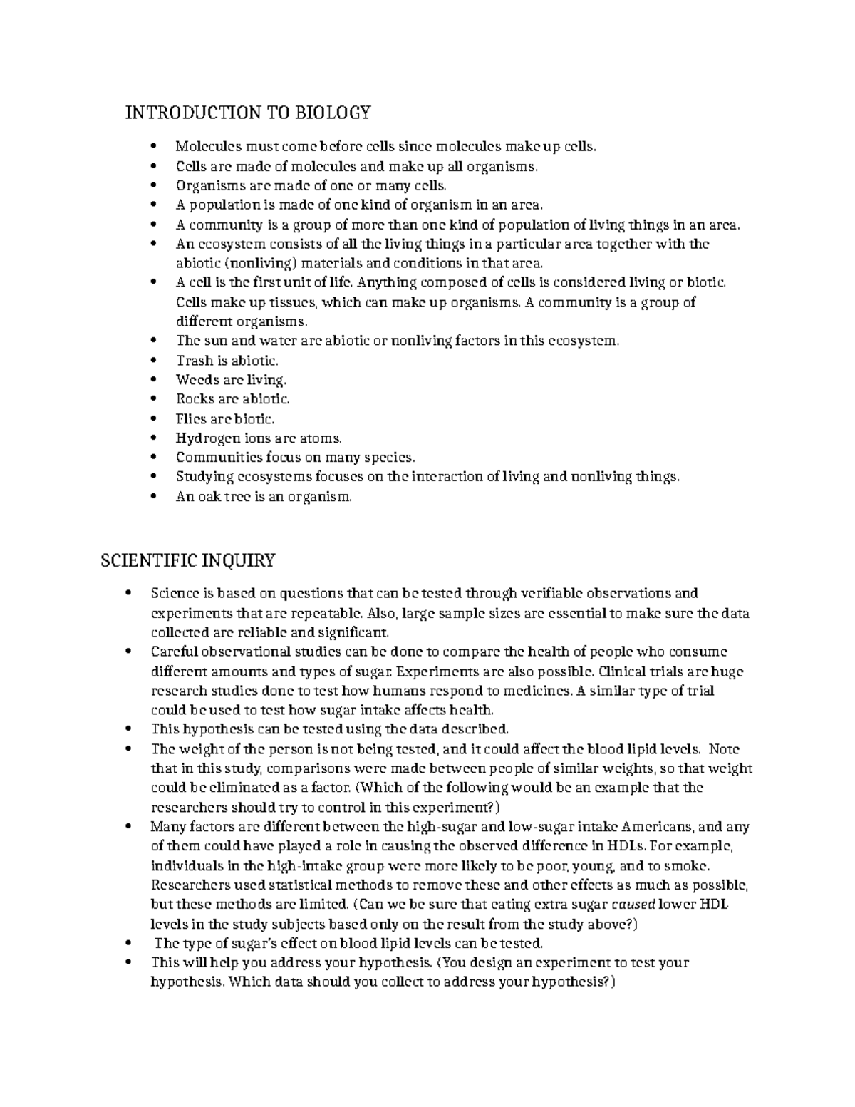 Biology Study Guide - INTRODUCTION TO BIOLOGY Molecules must come ...