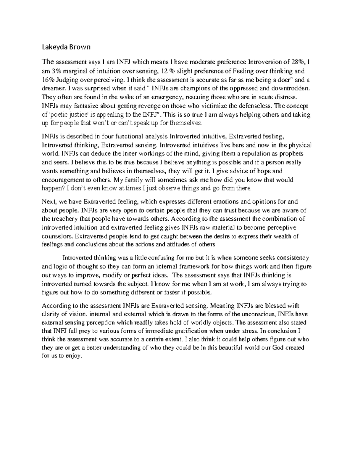brown assessment for - Lakeyda Brown The assessment says I am INFJ ...