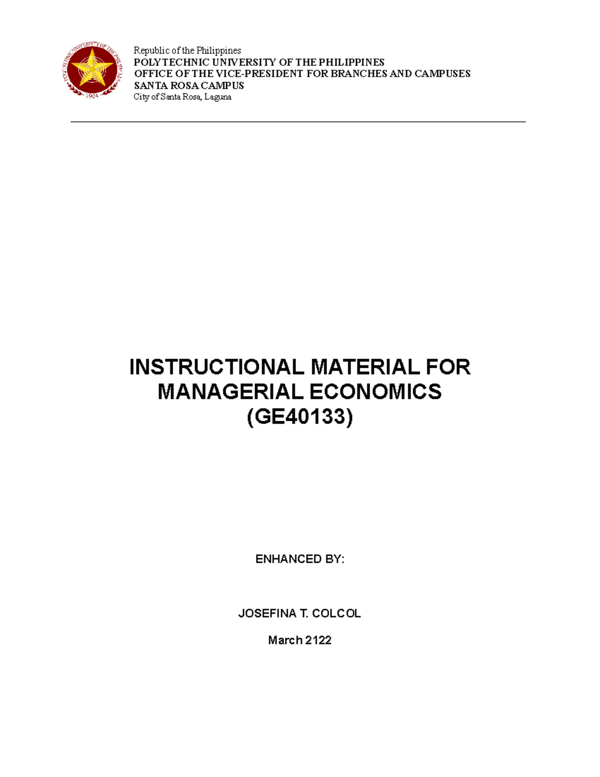 Chapter 1 2 IM Managerial Economics - Republic of the Philippines ...