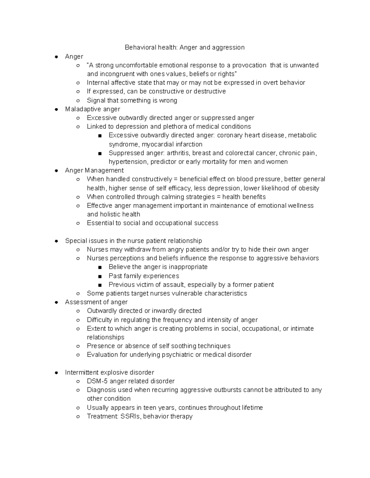 Behavioral health notes - Behavioral health: Anger and aggression Anger ...