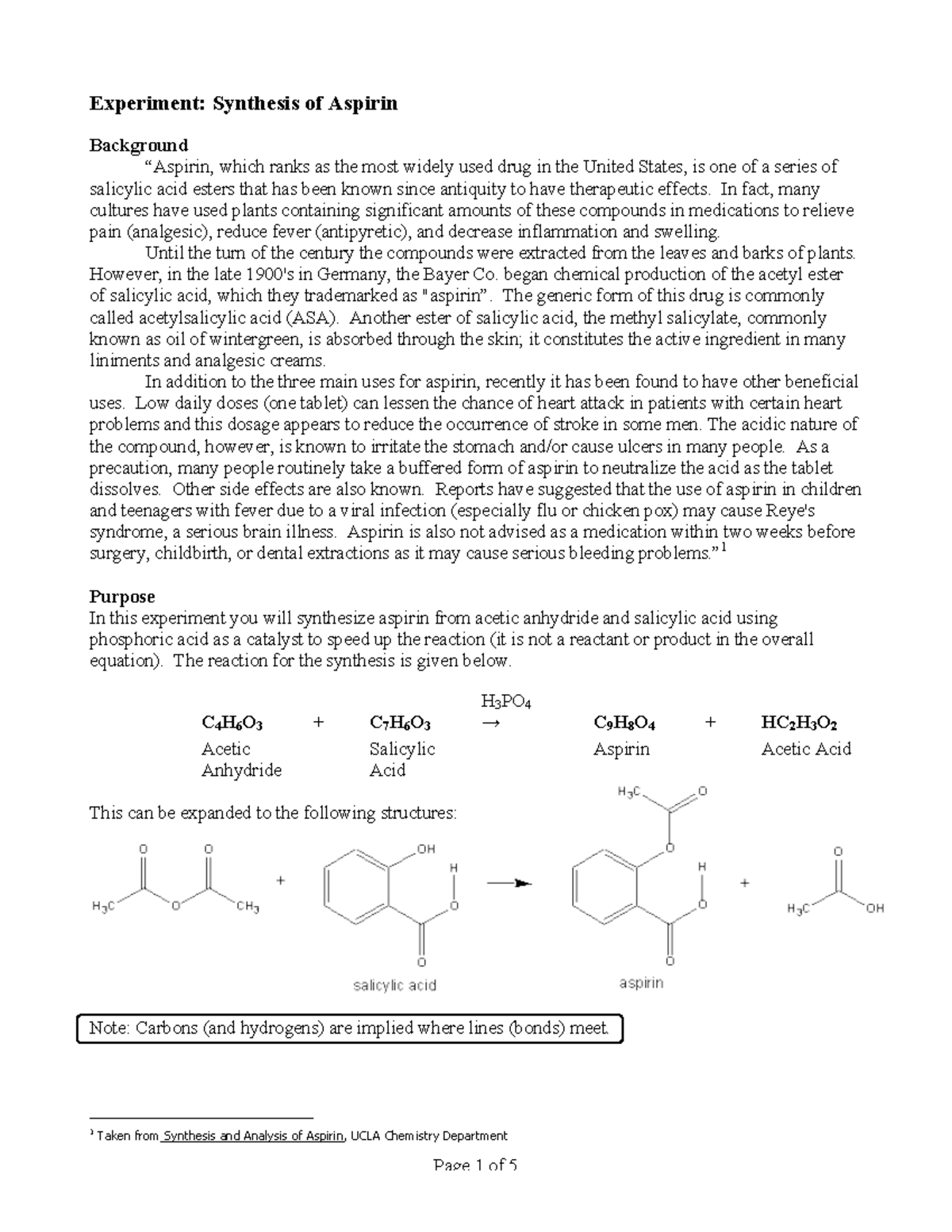 161Lab Aspirin Synthesisupdated PSGF 3-27-2016 - Experiment: Synthesis ...