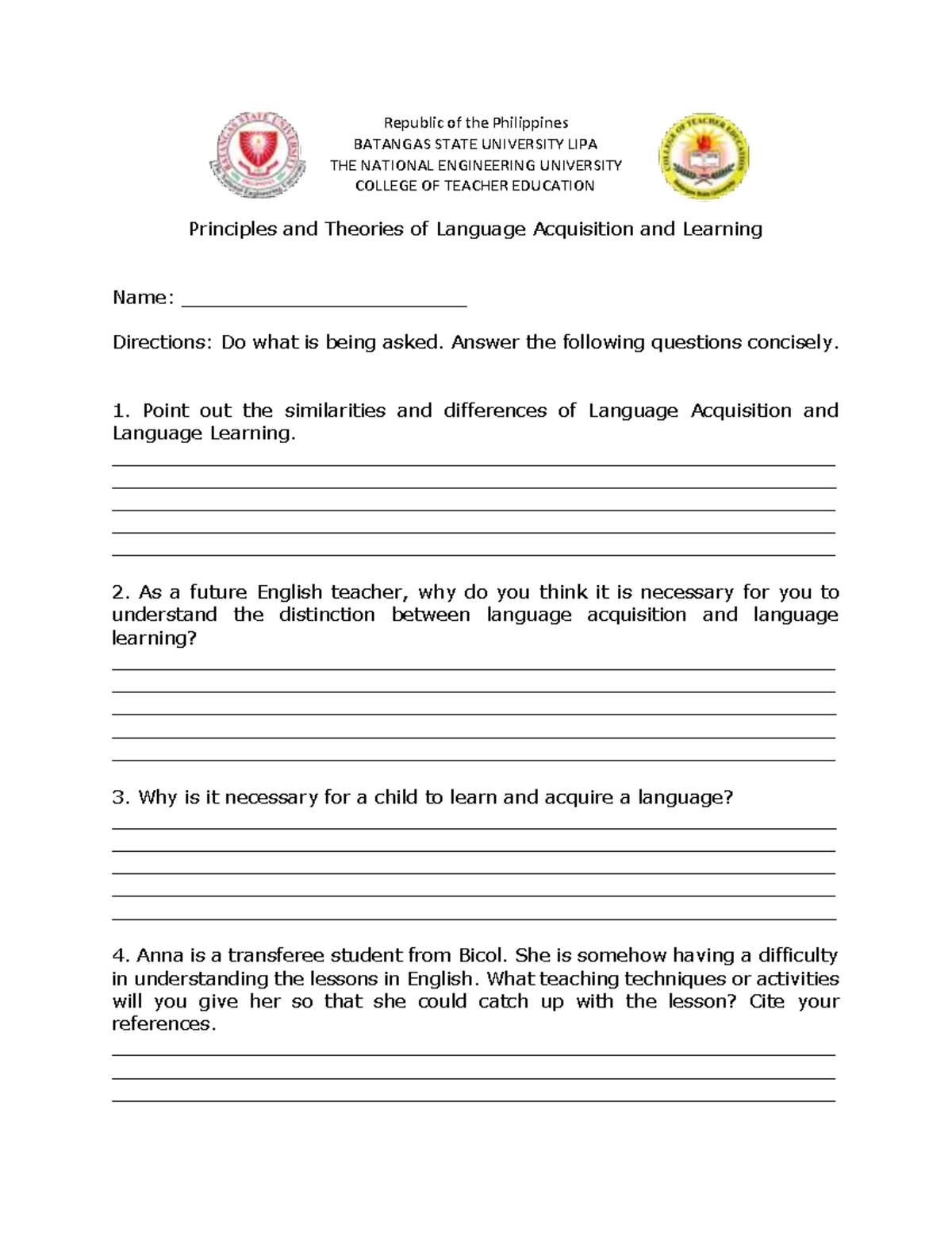 Language Acquisition vs Language Learning - Republic of the Philippines ...