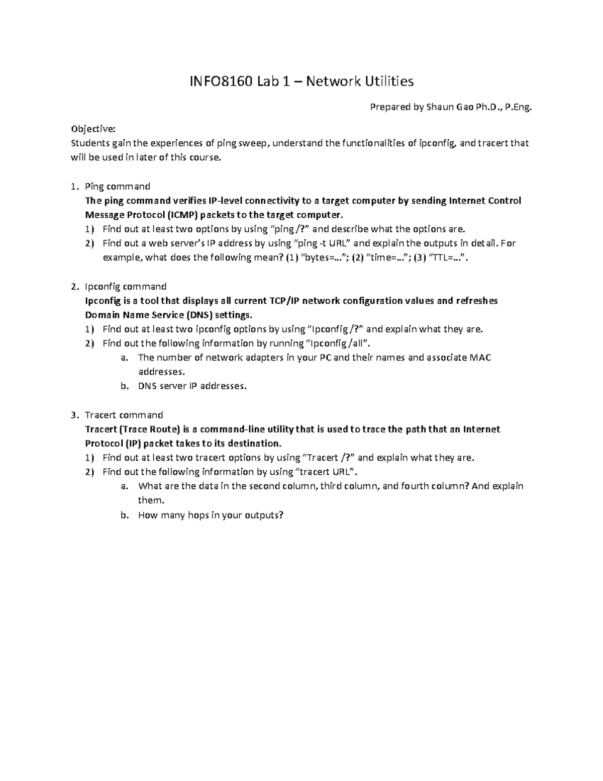 Lab-1-INFO8160 - assignment - INFO8160 Lab 1 – Network Utilities Prepared by Shaun Gao Ph., P ...