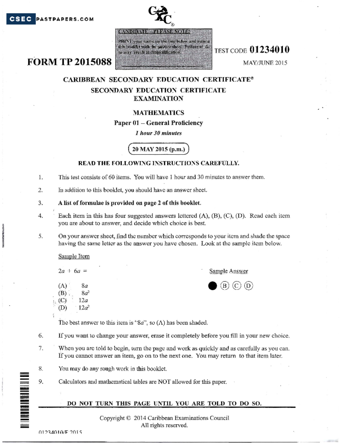 June 2015 p1 - maths p1 past papers - I TEST CODE 01234010 FORM TP ...